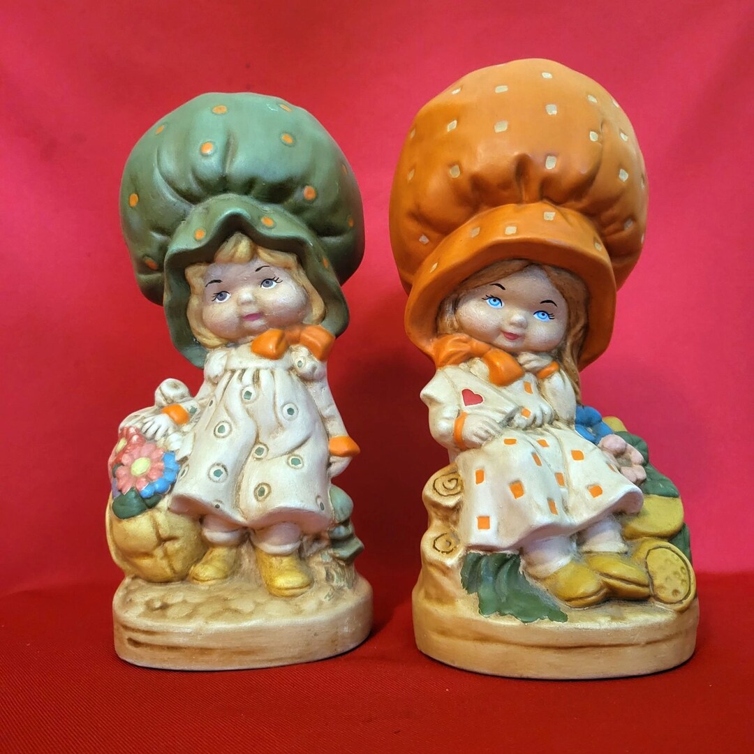 Vintage Big Green & Orange Bonnet Hat Girls Ceramic Figurine Set of 2 ...