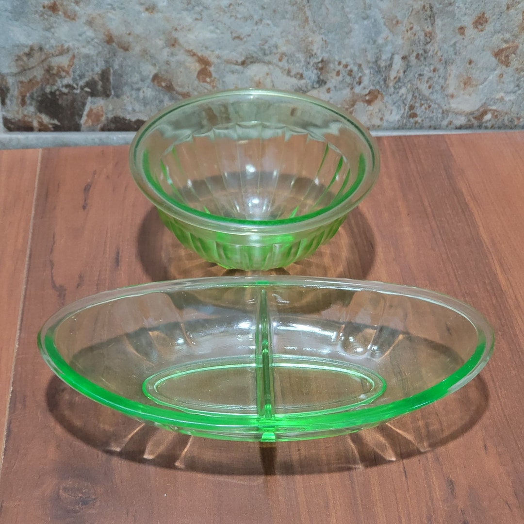 VTG Green Glass Round Bowl & Divided Condiment Tray Dish Plate Set of 2 ...