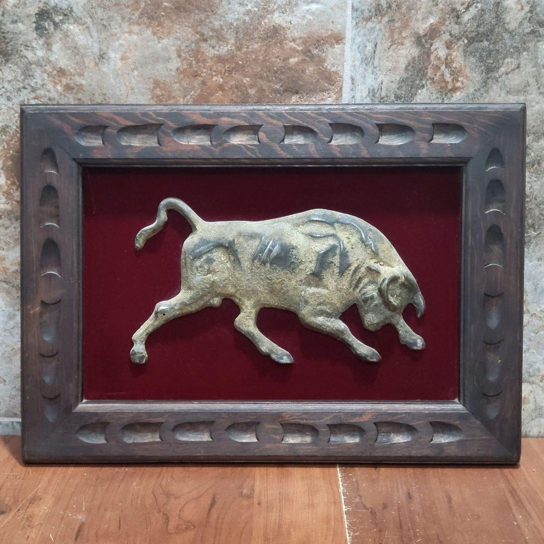 Vintage Metal Brass Bison Bull Red Velvet Wood Framed Wall Decor - Etsy