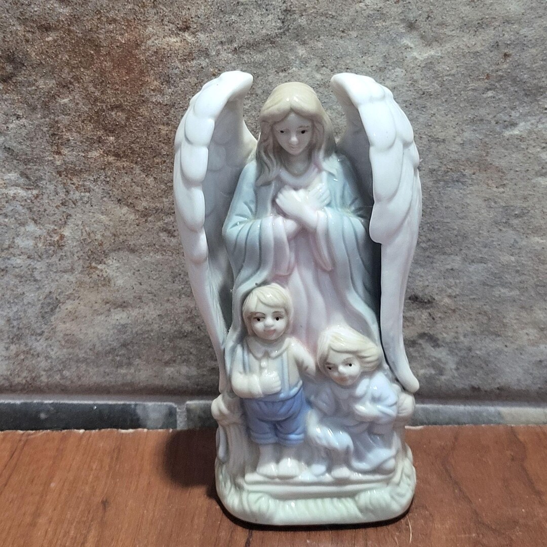 Vintage Winged Guardian Angel Arms Crossed With Children Porcelain ...