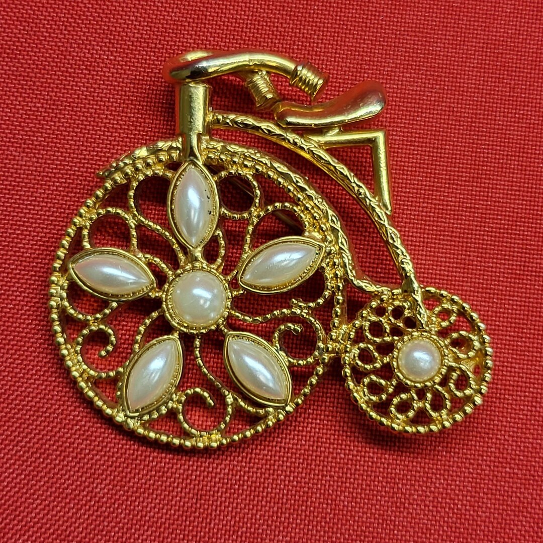 Metal Bicycle High Wheel Gold Tone Faux Pearl Brooch Pin - Etsy