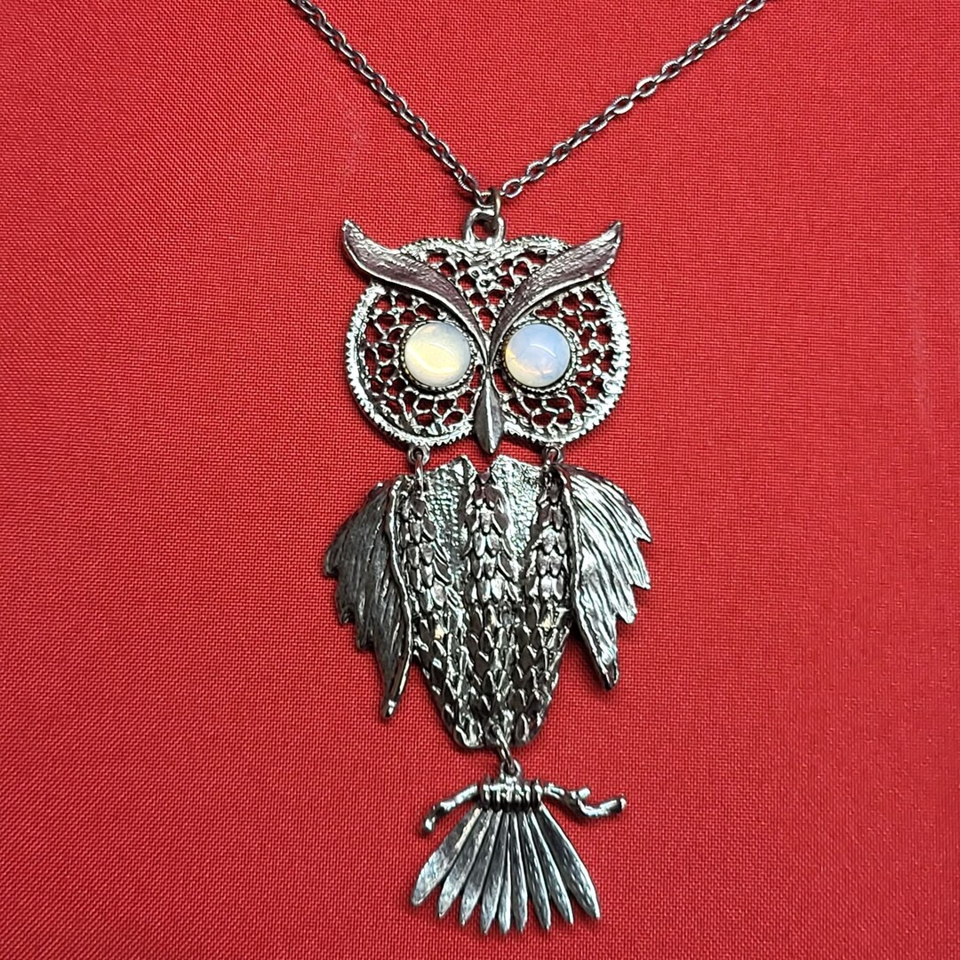 Vintage Horned Faux Opal Eyes Large Owl Necklace - Etsy