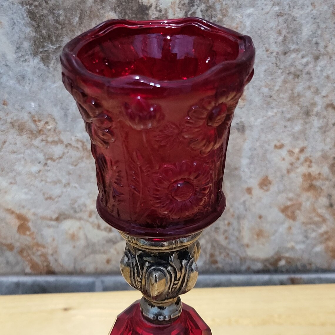 VTG Ruby Red Glass and Metal Candle Holder - Etsy