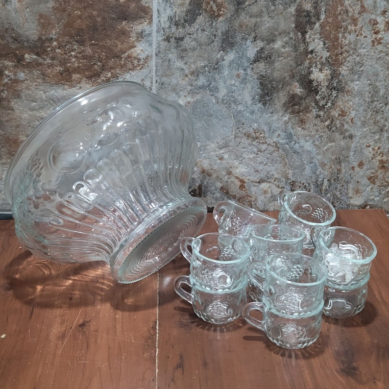 Vintage Glass Punch Bowl 12 Cups & Hooks Fruit Design Glassware Party ...