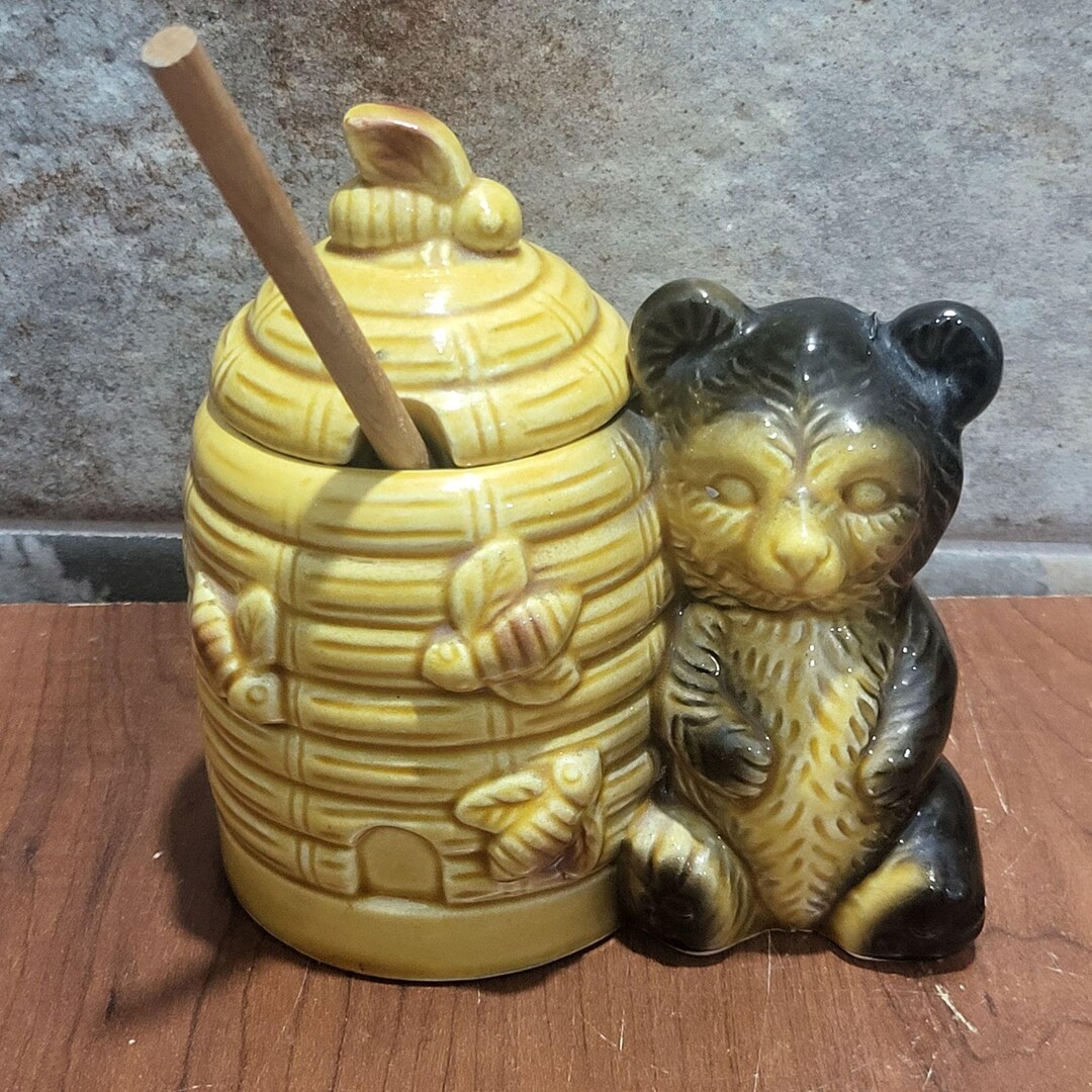 Vintage Beehive Bear Honey Pot With Lid Honey Wood Dipper Jar Server - Etsy