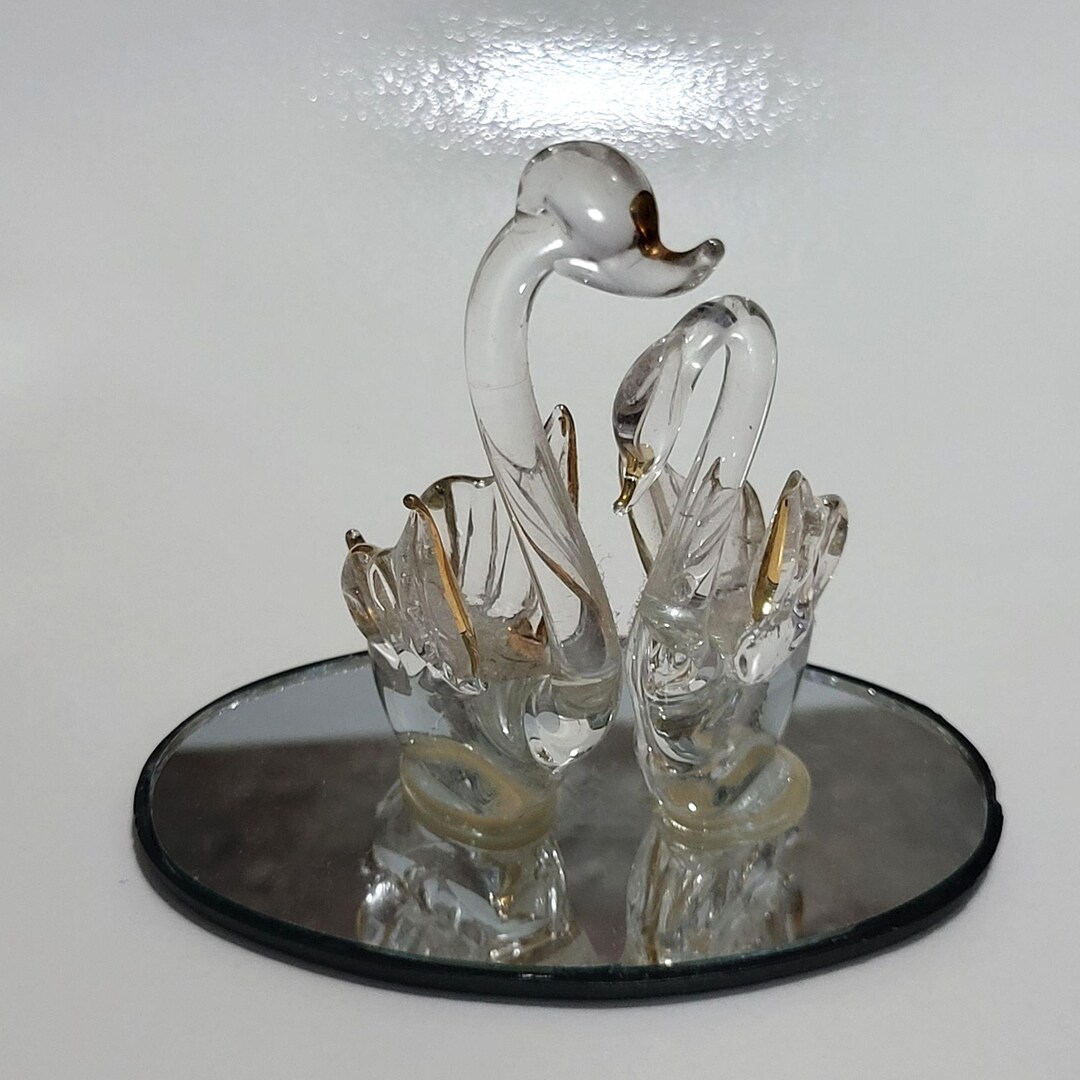 Vintage Pair Clear Glass Swan Figures Mirror Stand Gold Color Accents ...
