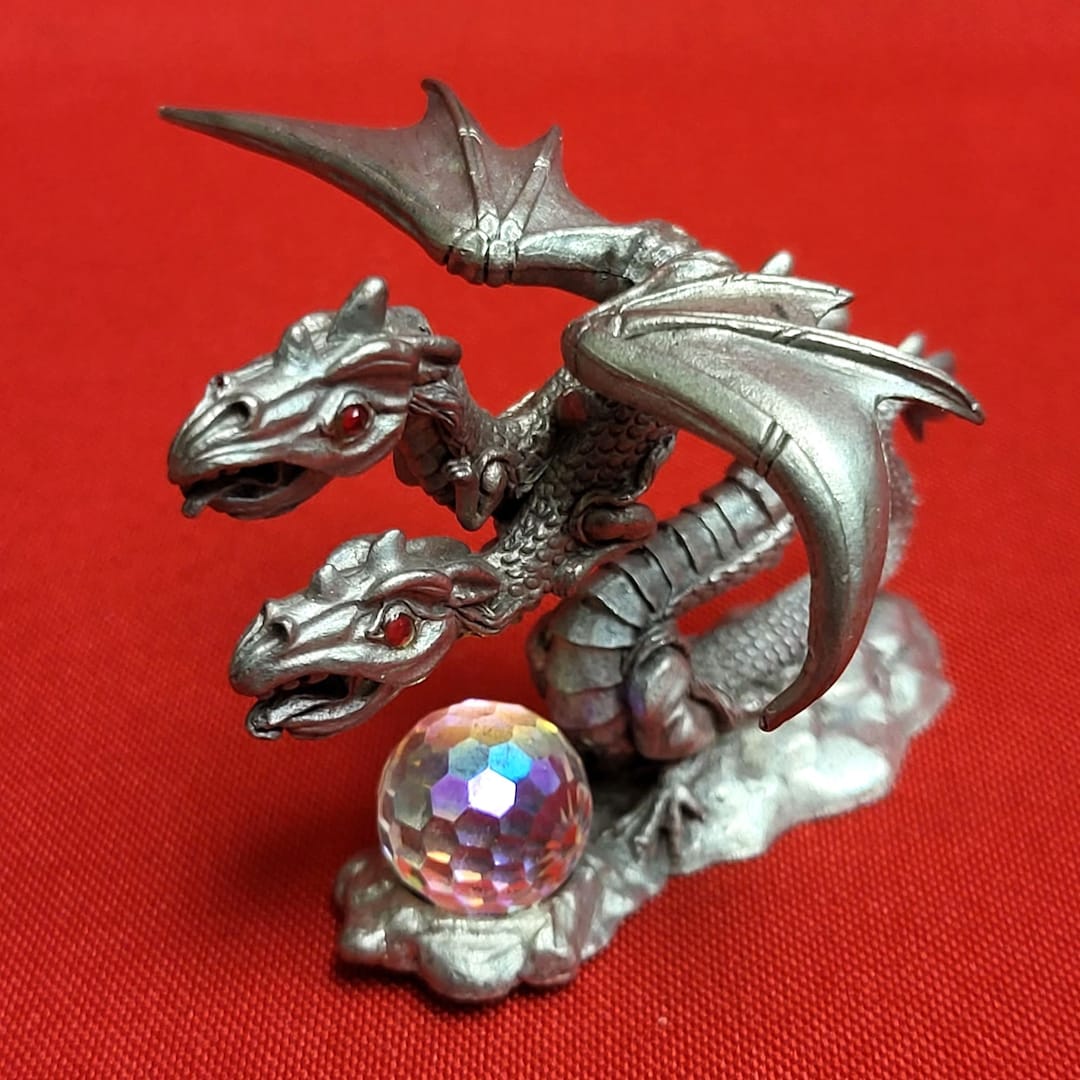 VTG Spoontiques Pewter Miniature Double Head Dragon Red Crystal Eyes ...