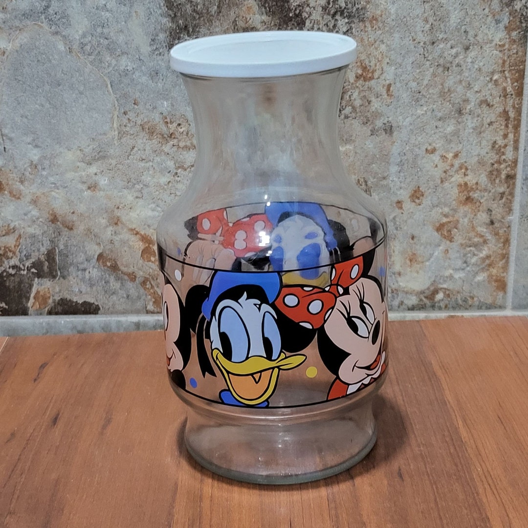 VTG Walt Disney Mickey Minnie Mouse Donald Glass Juice Carafe Jar ...