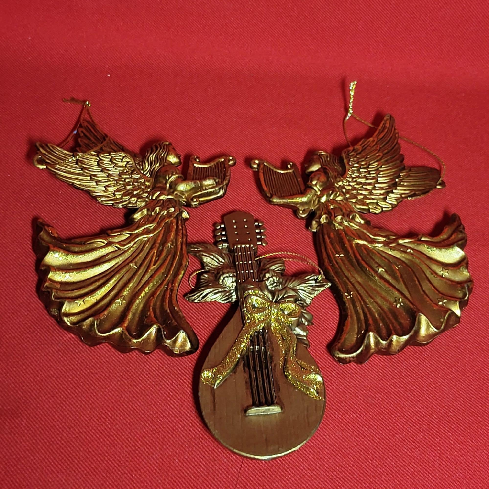 VTG Christmas Decor Golden Blowing Angel Mandolin Ornament Set - Etsy