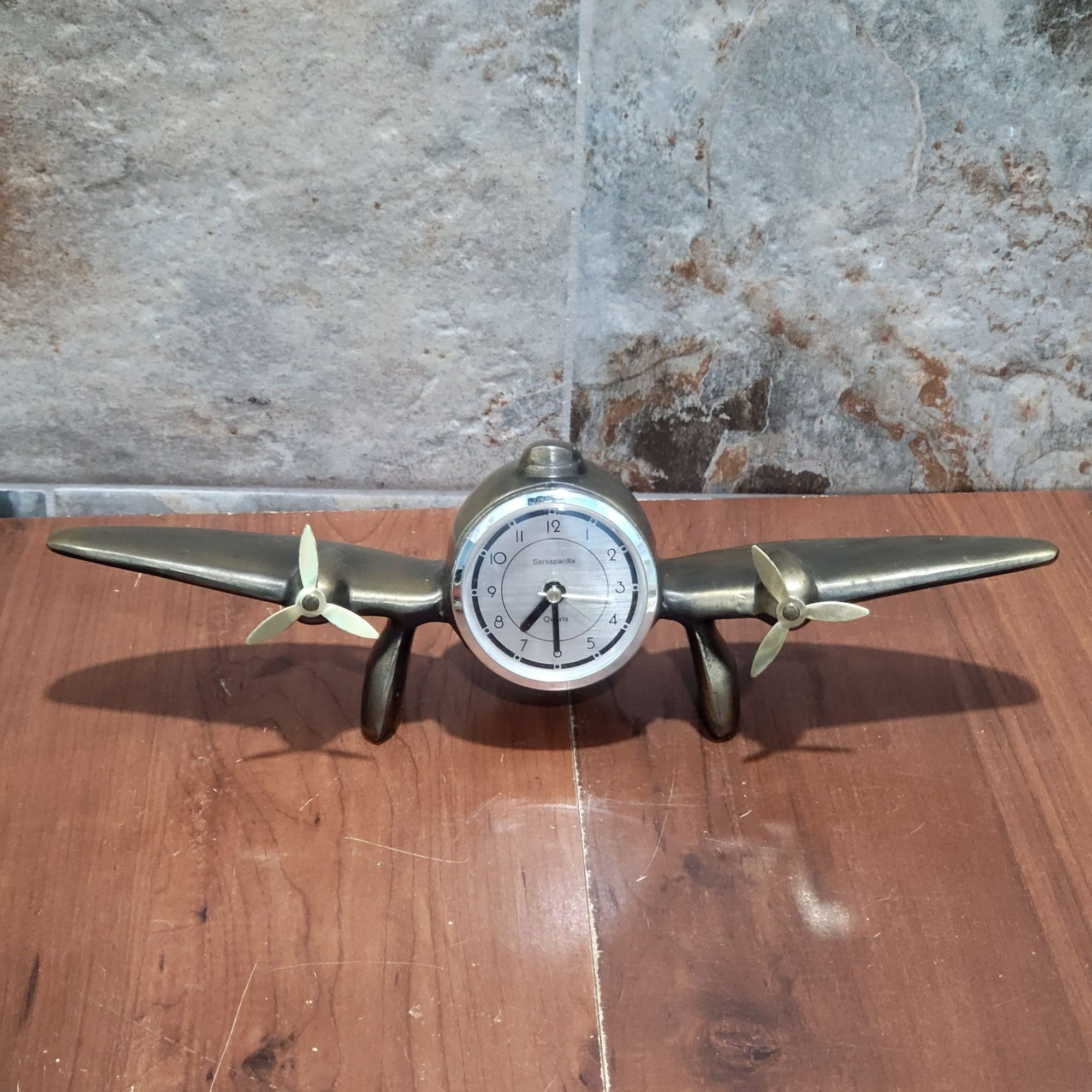 Vintage Sarsaparilla Quartz Propeller Airplane Brass Bronze Desk Clock ...