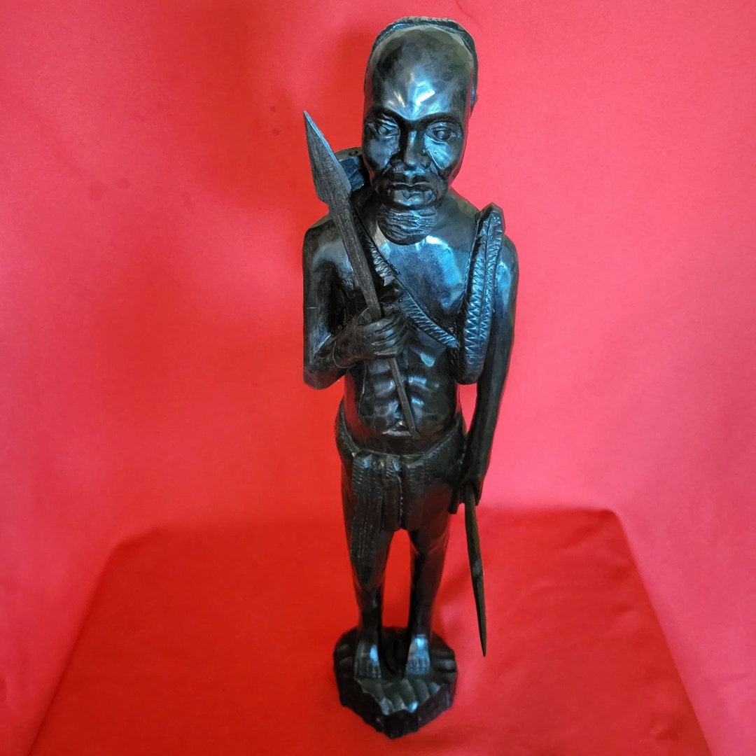 Vintage African Tribal Hunter Man Holding Spear Hand Carved Wood ...