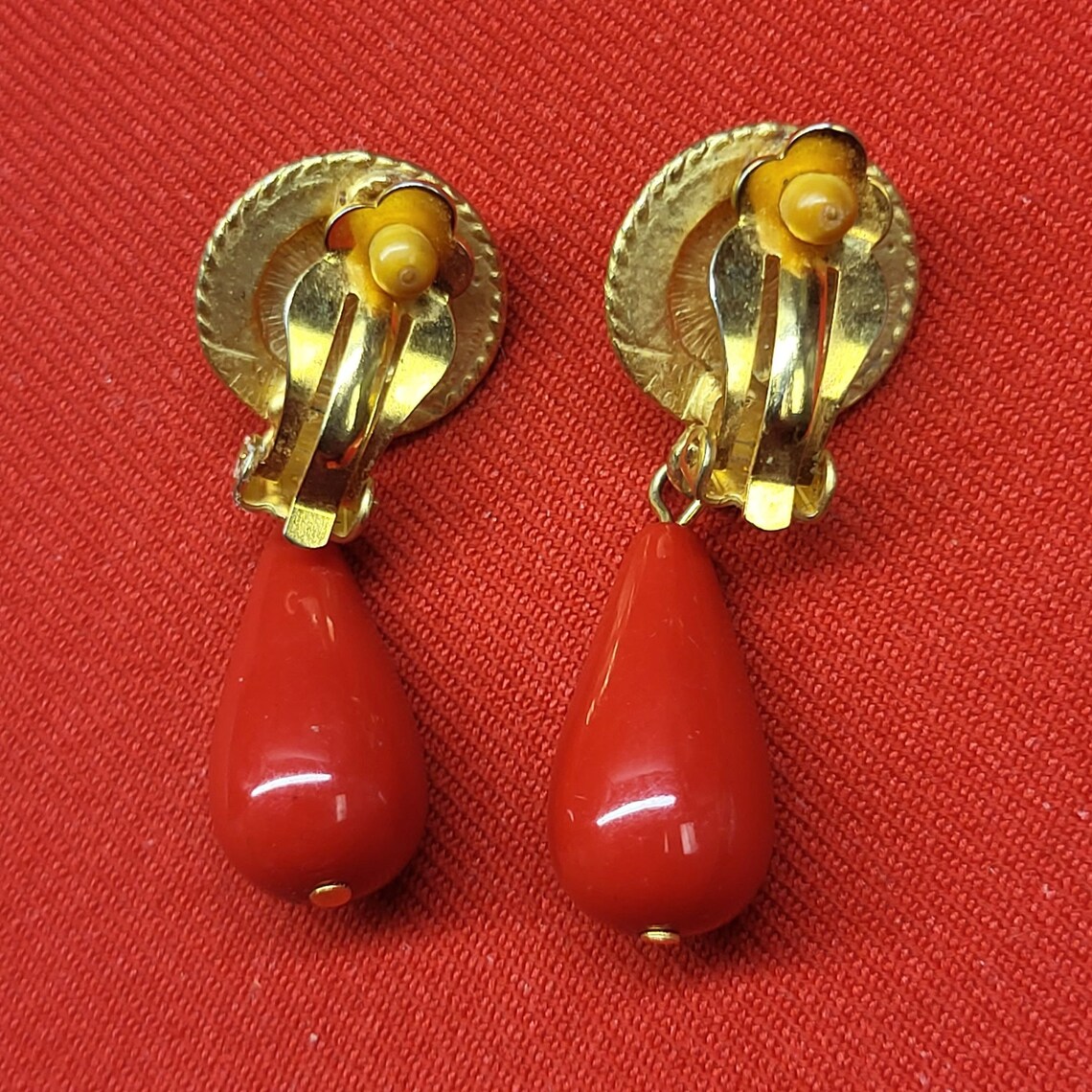 Vintage Red Tear Drop Clip Earrings Gold Tone - Etsy
