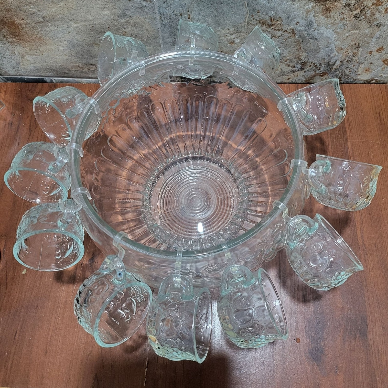 Vintage Glass Punch Bowl 12 Cups & Hooks Fruit Design Glassware Party ...