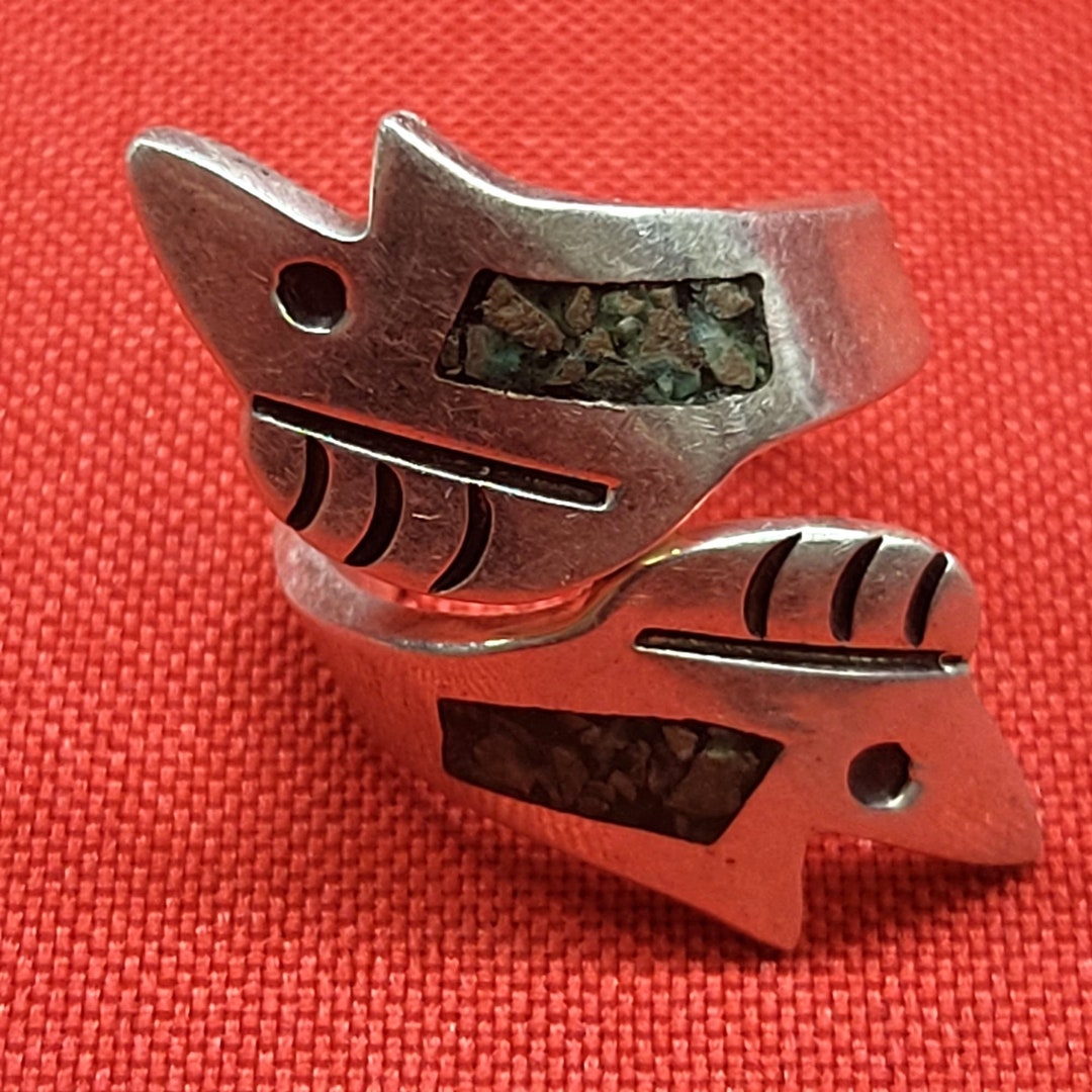 Sterling Silver Turquoise Inlay Fish Crossover Ring Marked Mexico AAR ...