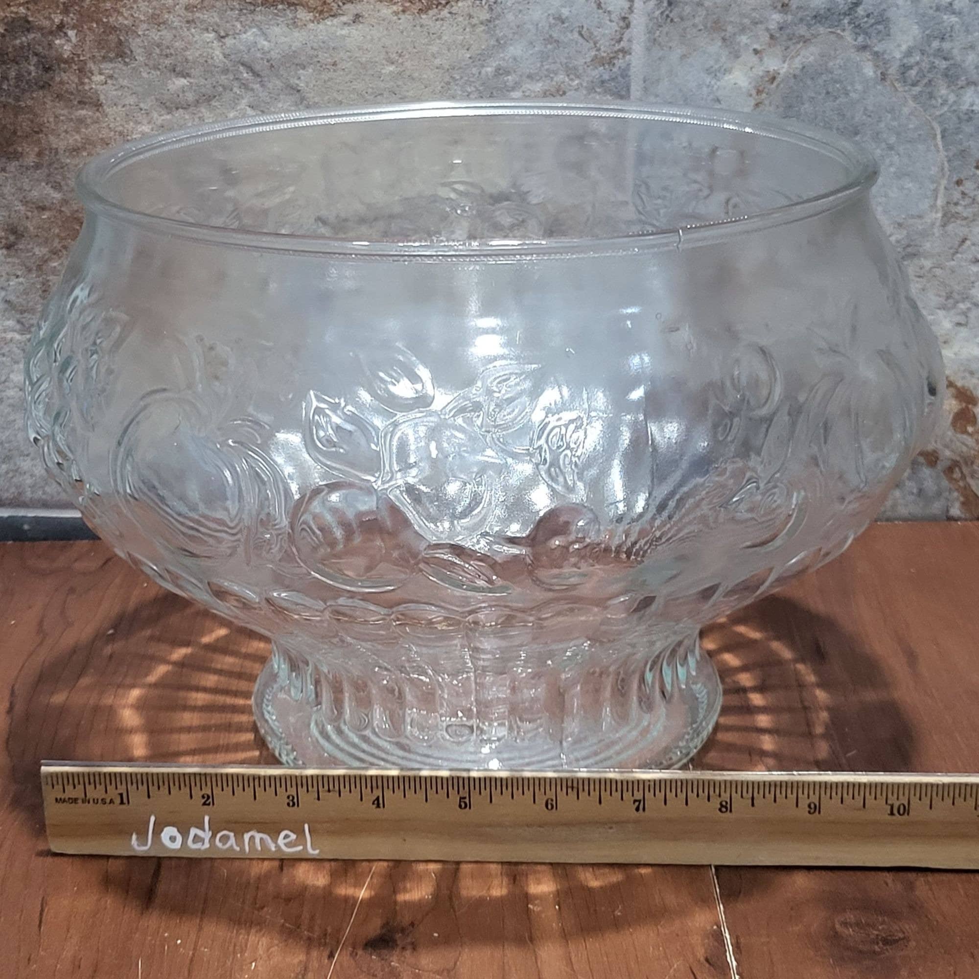 Vintage Glass Punch Bowl 12 Cups & Hooks Fruit Design Glassware Party ...