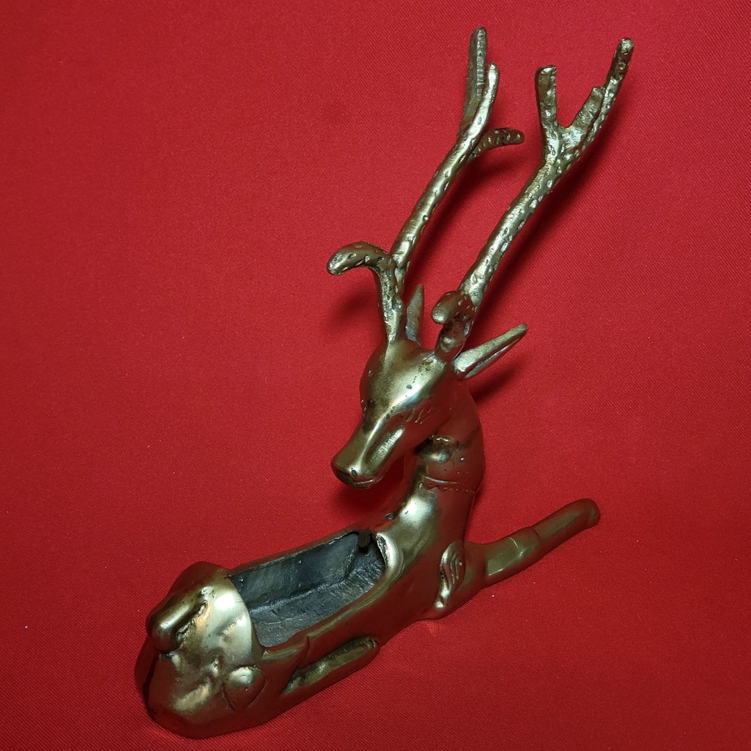VTG Solid Brass Sitting Reindeer Stag Figurine Sculpture Planter Saddle ...