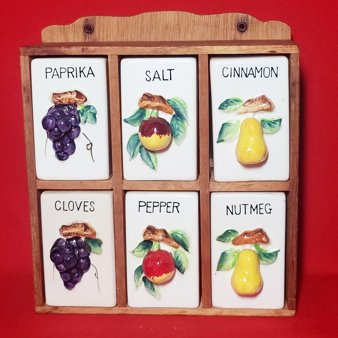 Vintage Wood Spice Rack Ceramic 3 D Fruit Spice Shakers - Etsy
