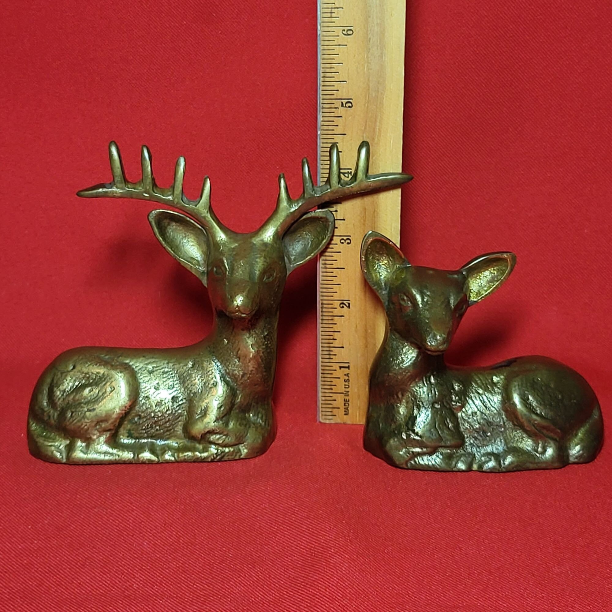 VTG Brass Deer Sitting Buck & Doe Figurine Paper Weight Home Decor Set ...