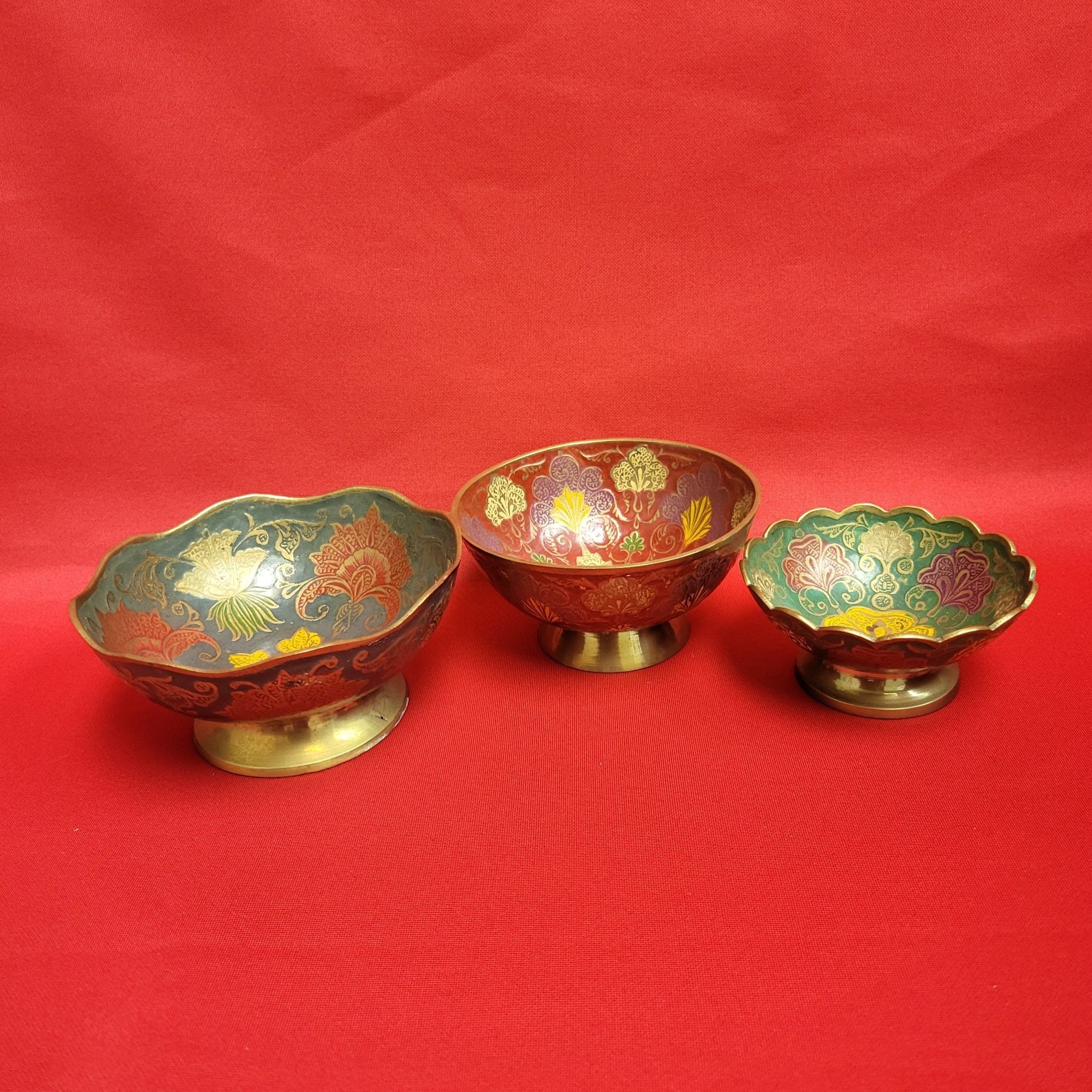 Vintage India Brass Bowl Painted Floral Patterns Scalloped Rim Footed ...