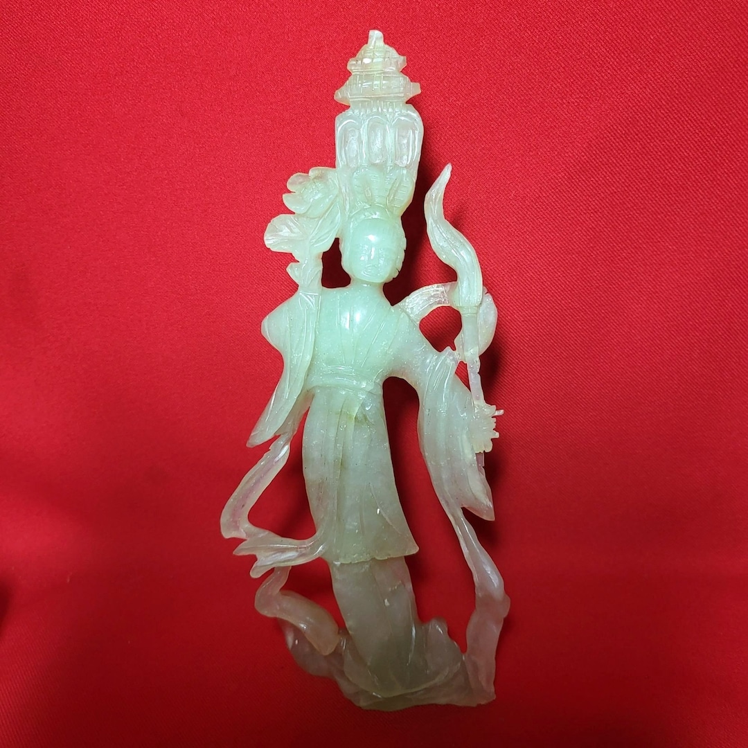 Vintage Chinese Carved Green Jade Statue of Lady Flower Figurine Statue ...