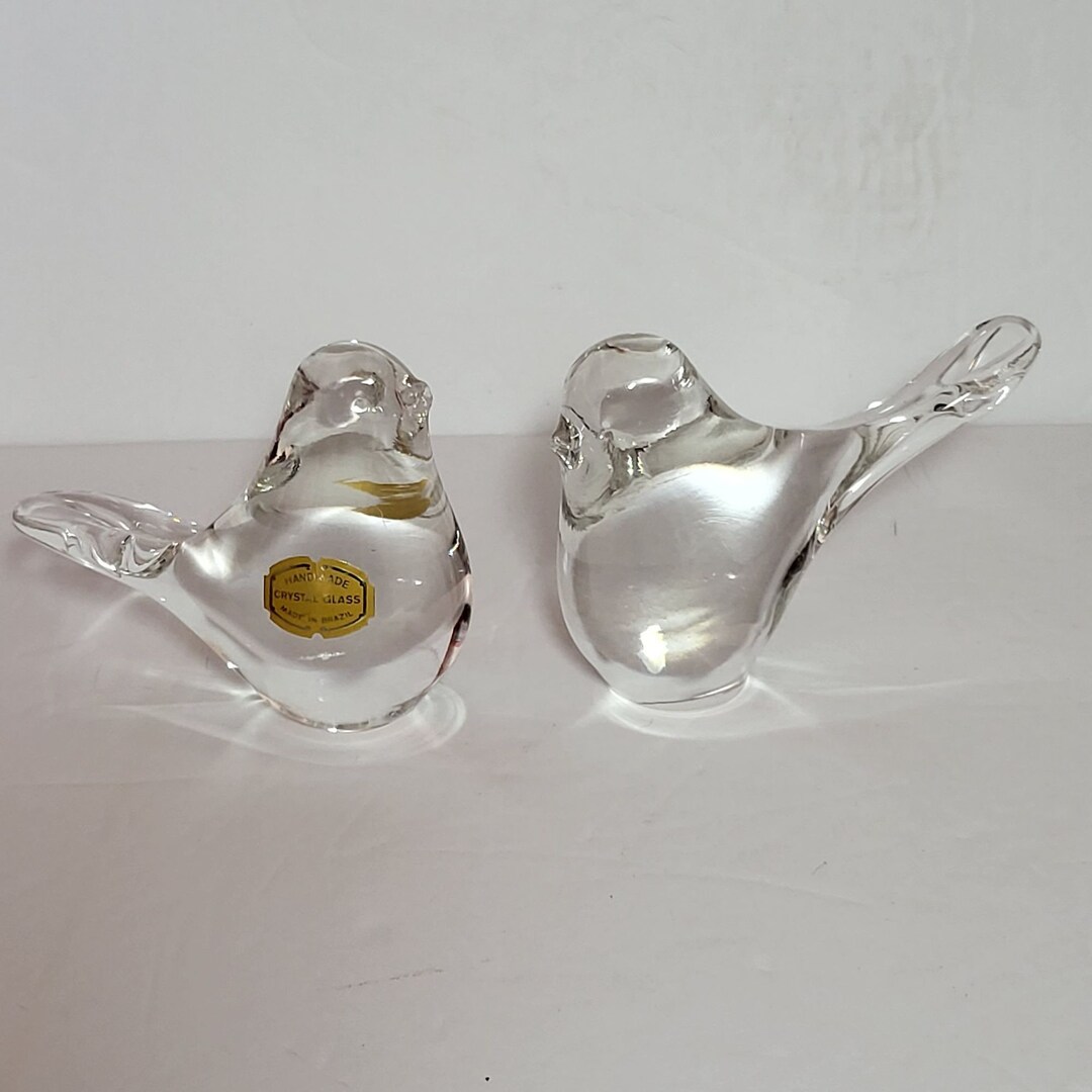 VTG Crystal Clear Glass Pair of Birds Paperweight Figurine Home Decor ...