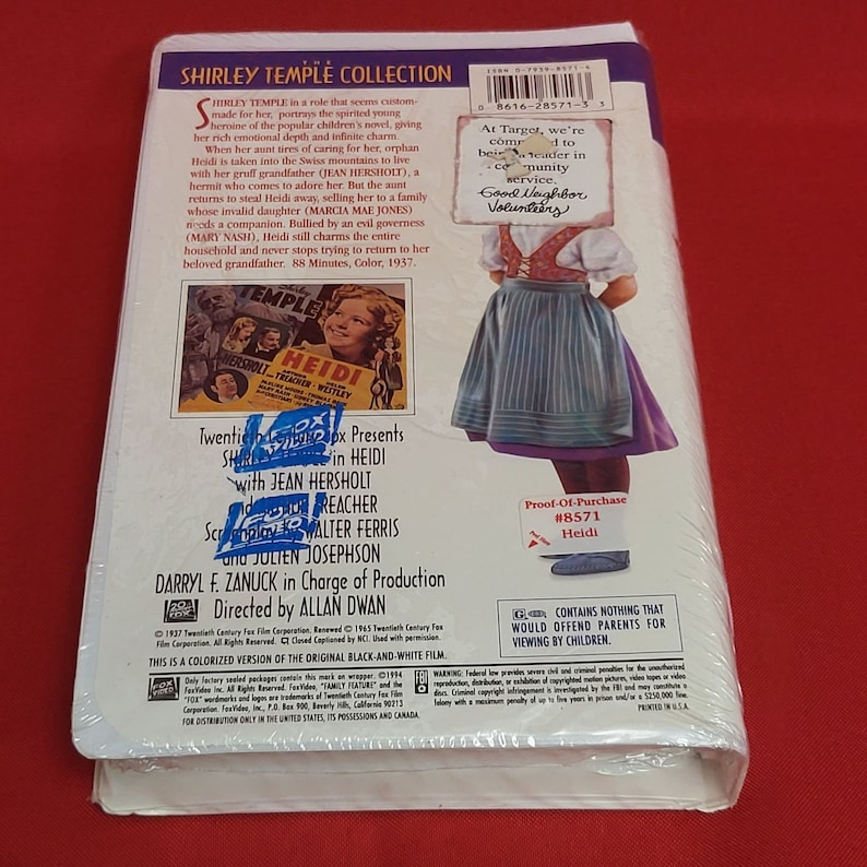 20 Century Family Feature Shirley Temple Heidi VHS 1998 Colorized ...