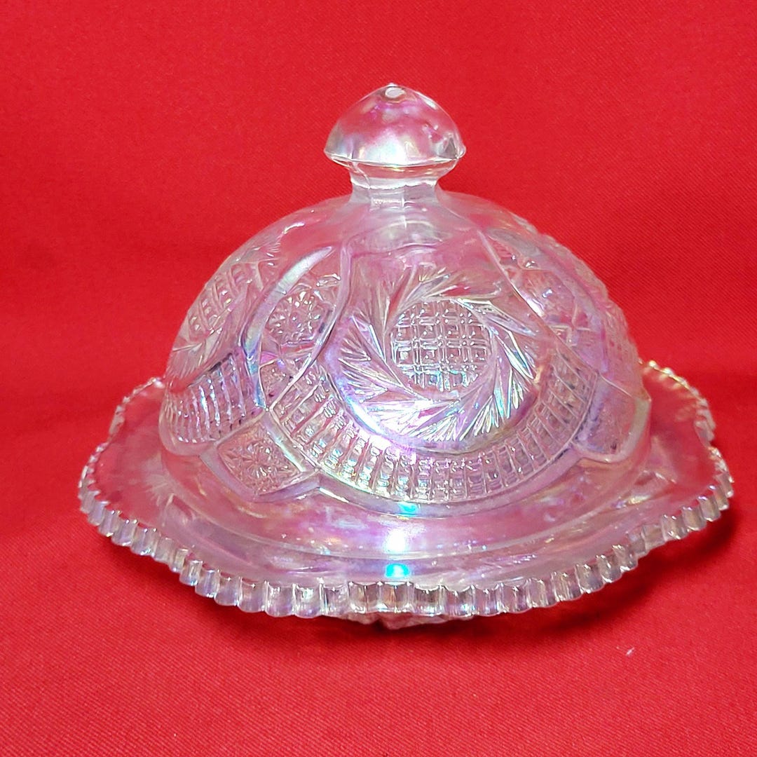 Carnival Glass Dome Butter Dish Aztec Sunburst Pinwheel Hobstar Pattern ...
