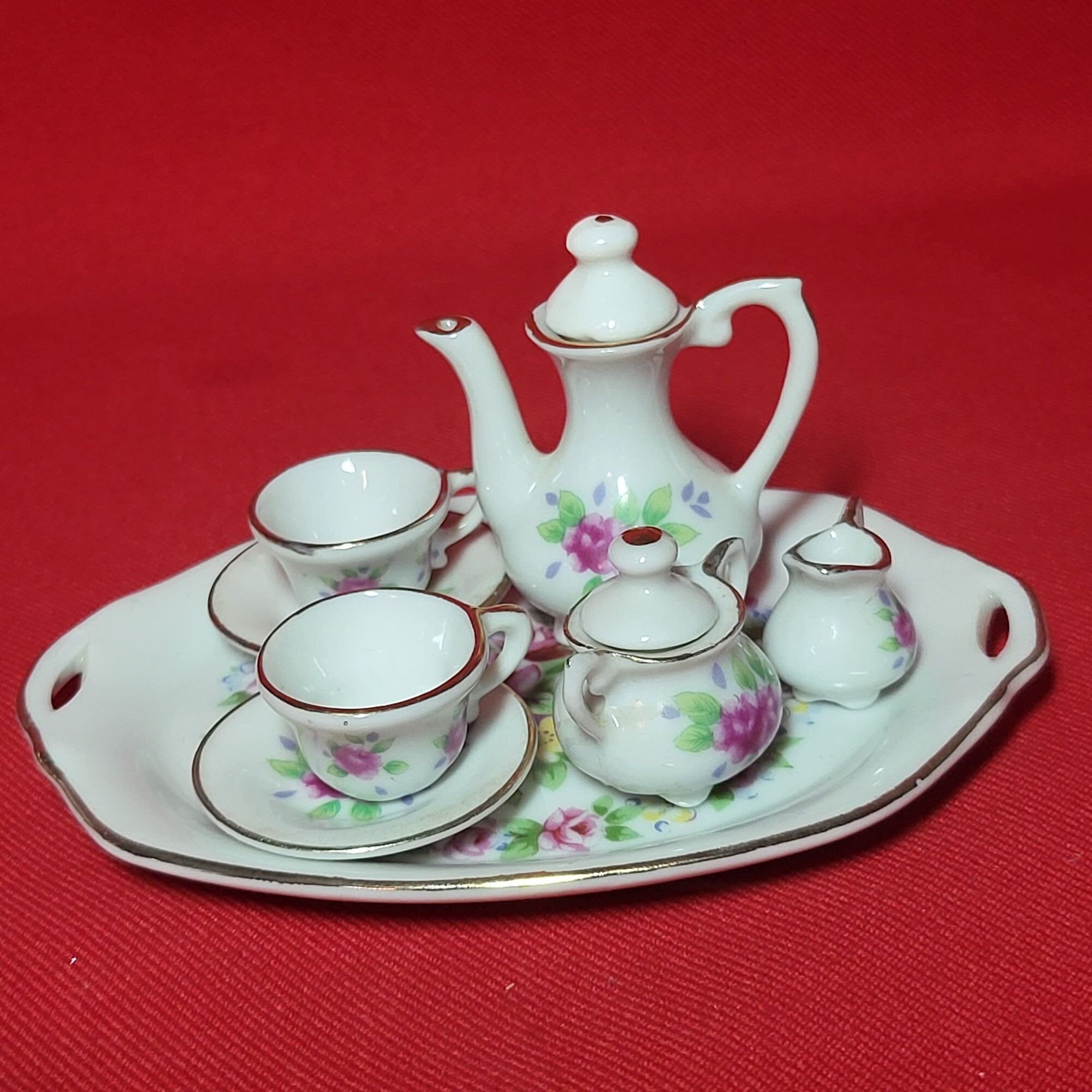 VTG Miniature Tea Set Pink Roses Gold Trim 10 Pc - Etsy