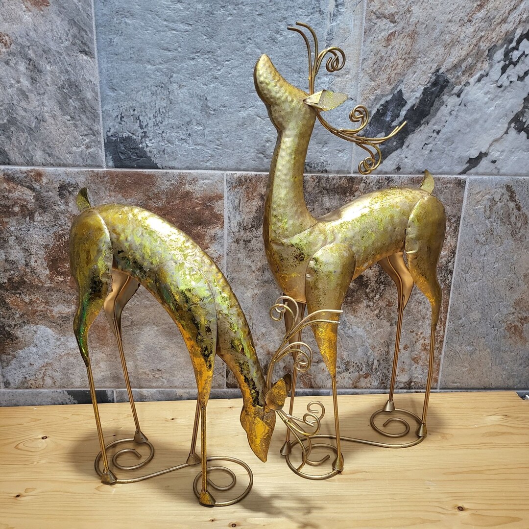 VTG Golden Metal Deer Statues Sculptures Reindeer Set of 2 - Etsy