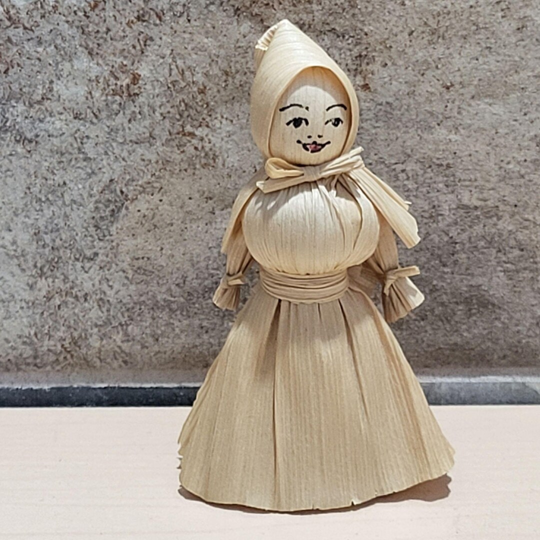 Dried Corn Husk Mini Doll Girl Figure Long Dress Head Covering Drawn ...