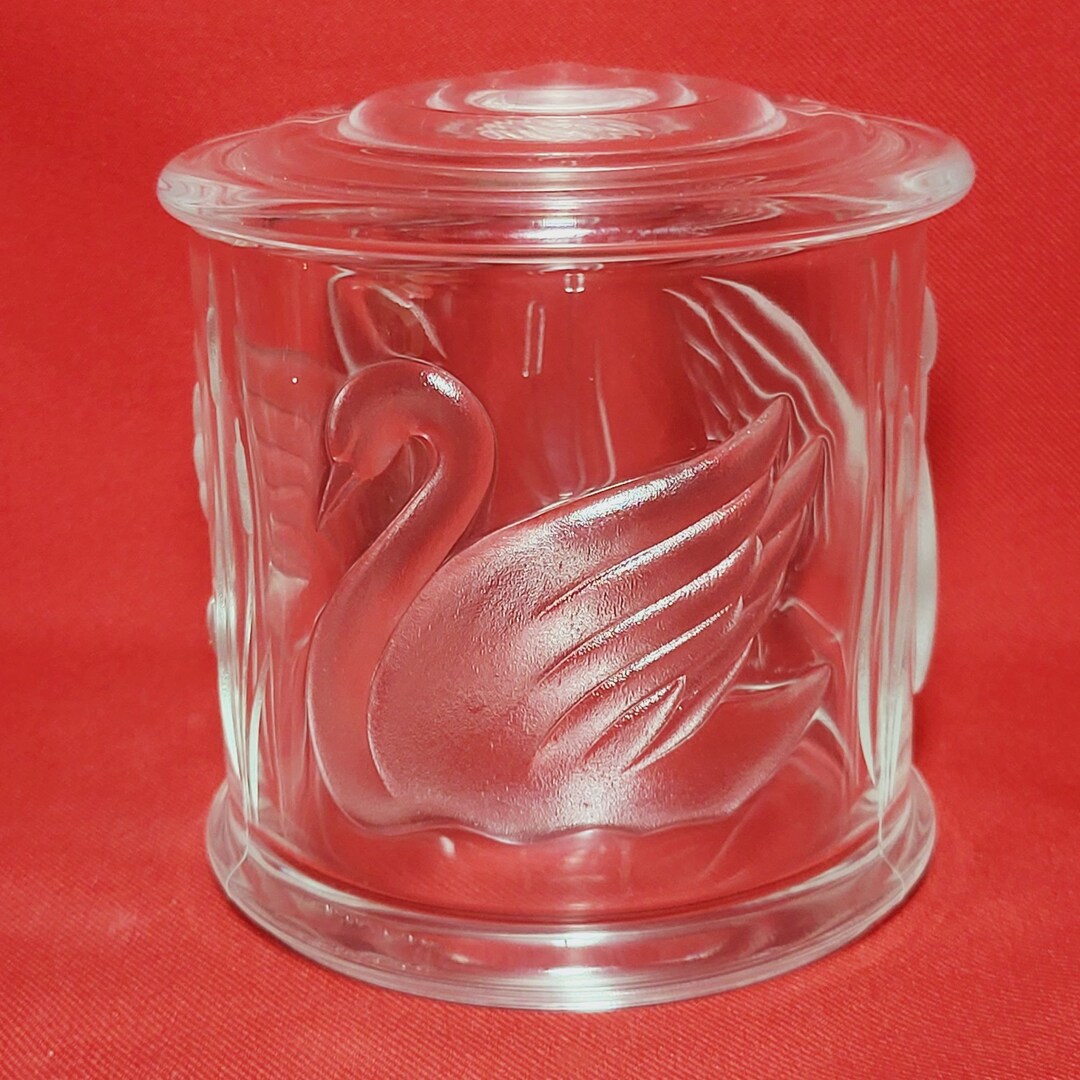 Vintage Crystal Frosted Embossed Glass Swan Jar With Lid Trinket Candy ...