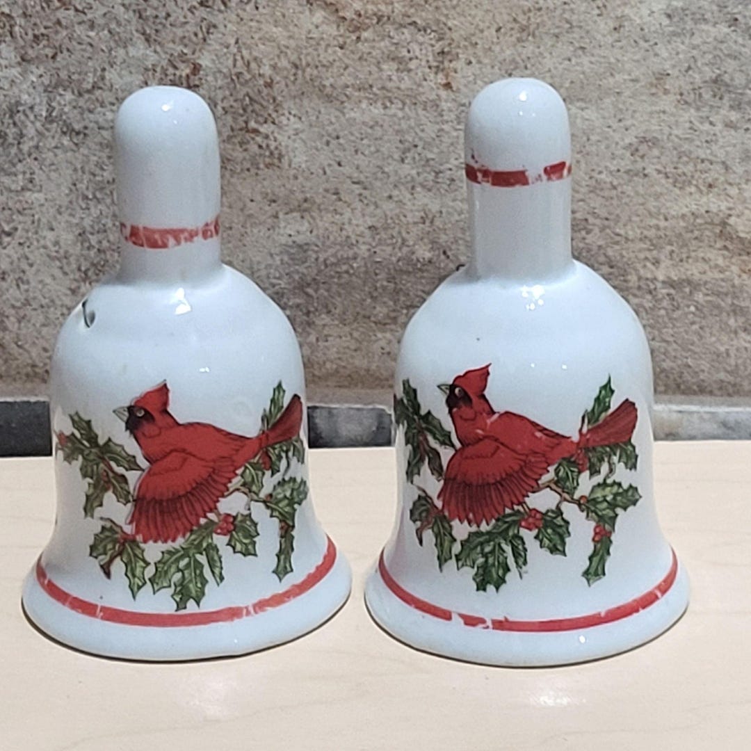 Vintage Pair Porcelain Bells Hand Painted Red Cardinal Bird on Branch ...