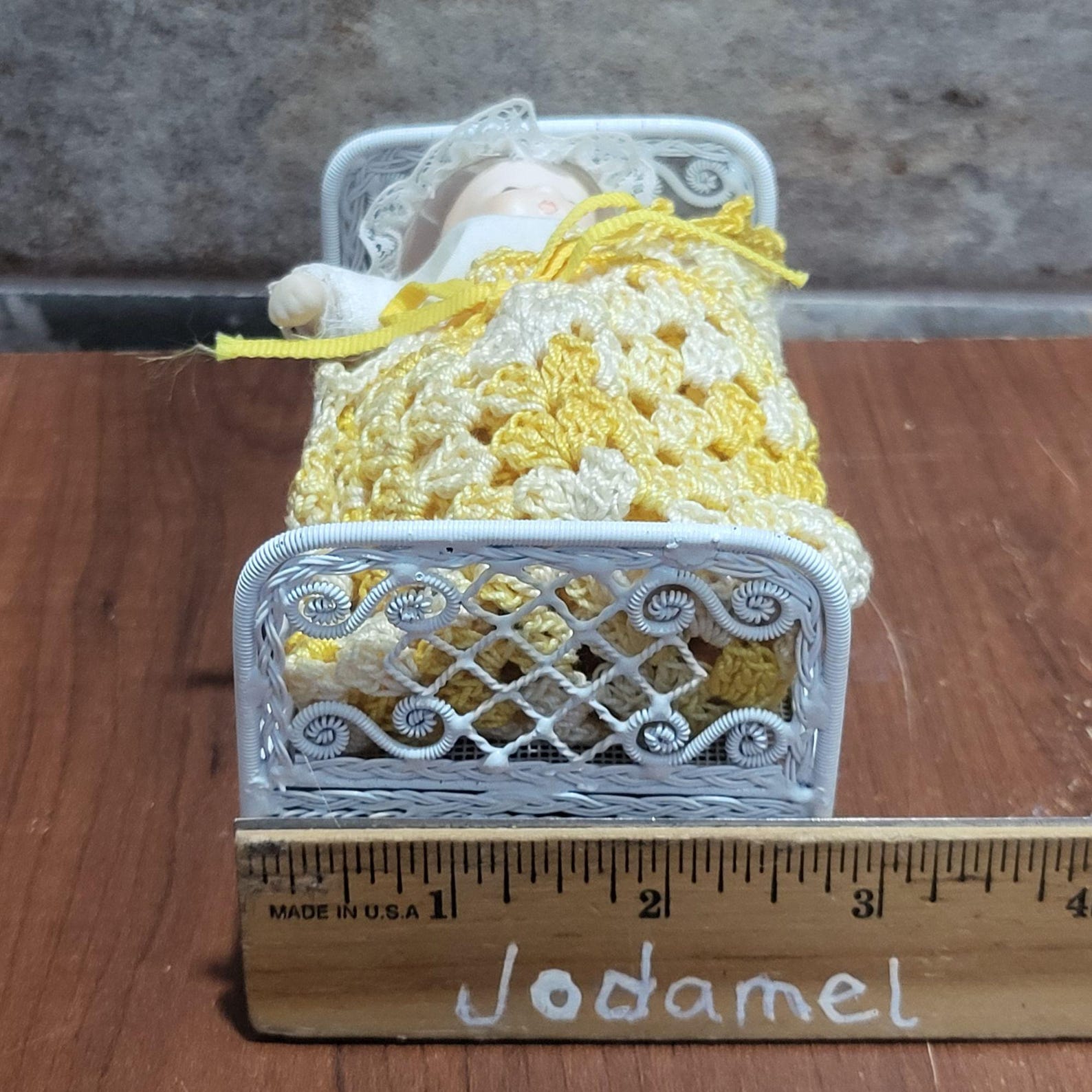 Vintage Miniature Porcelain Doll White Wire Bed Crochet Swaddling ...