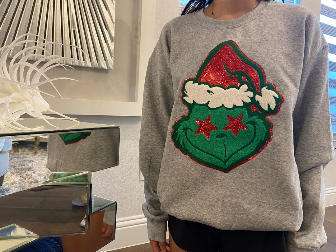 Green Grinch Face Chenille Patch Christmas Sweatshirt - Etsy