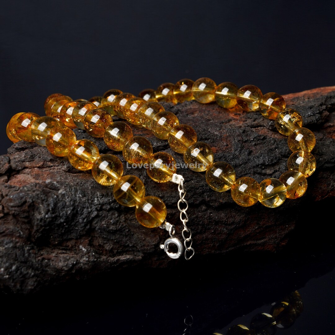 Natural Citrine Necklace, Citrine Smooth Round Beaded Necklace, Crystal ...