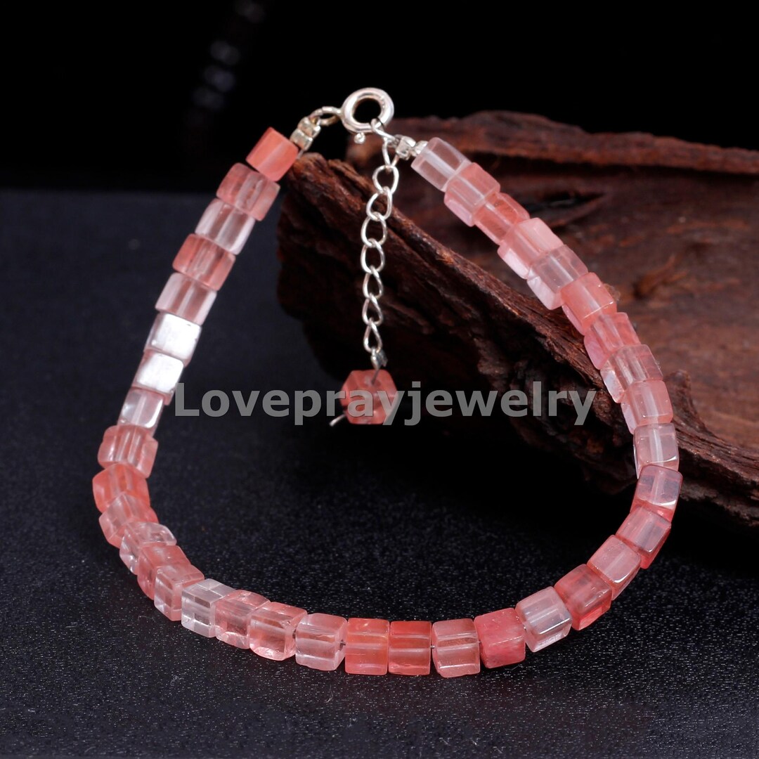Peach Quartz Bracelet, AAA Quality Peach Quartz Smooth Cube Box Beaded ...