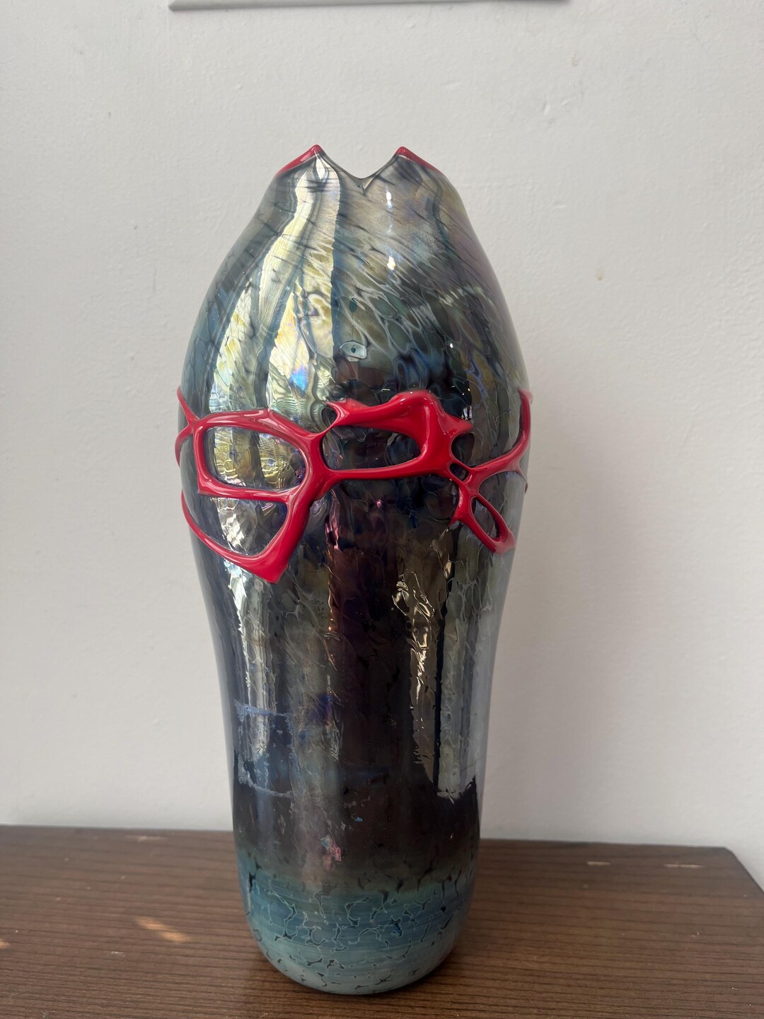 Iridescent Handblown Art Glass Vase 10.5” Signed Mensch 2002 - Etsy