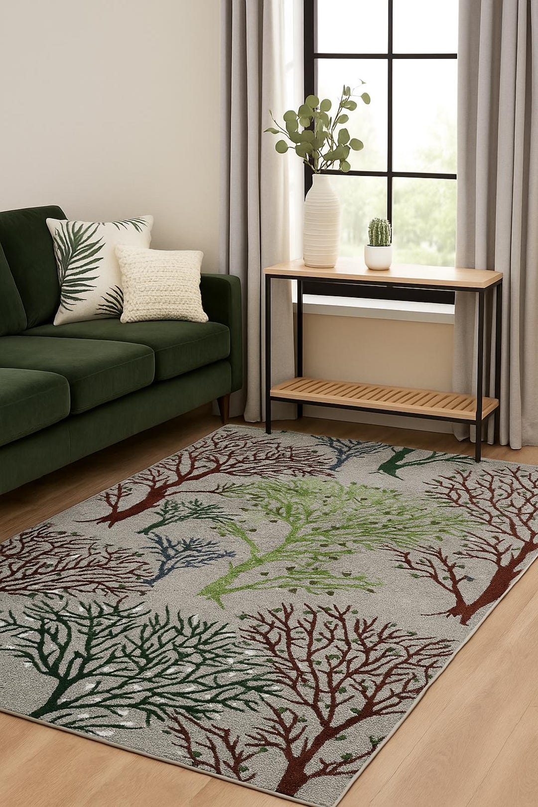 Tree Design Rug 8x10 | Green Gray Tufted Rug ,handmade Botanical Modern ...