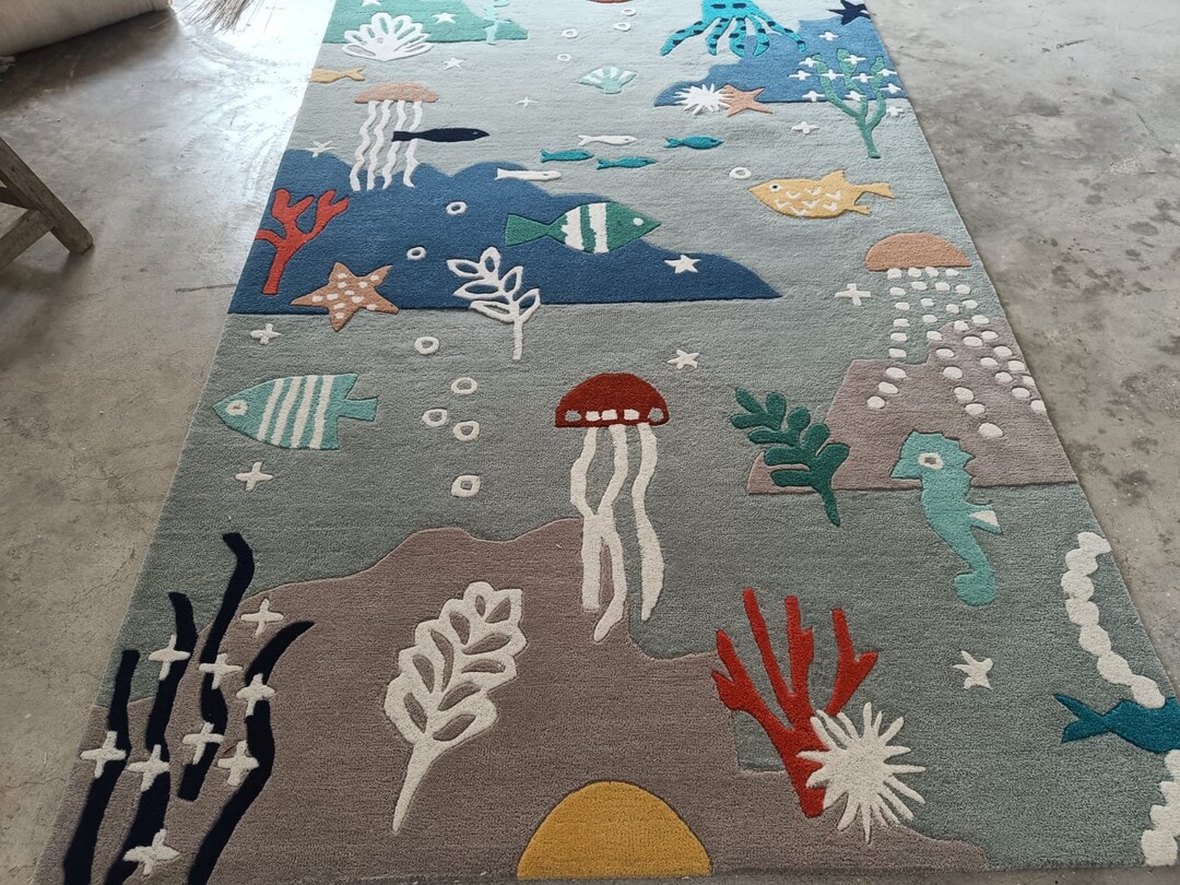 Ocean Animals Tufted Rug | Beach Area Rug | Ocean Life Hand Tufted Rug ...