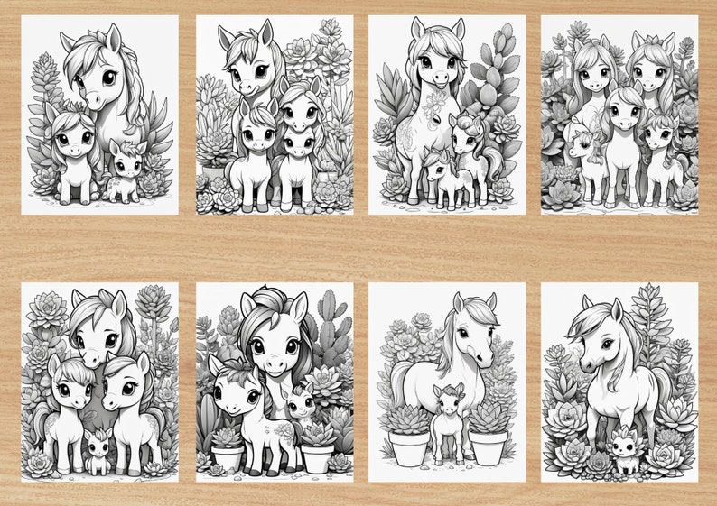 The Horse Family Animal Coloring Pages Adult and Kids Coloring Book ...