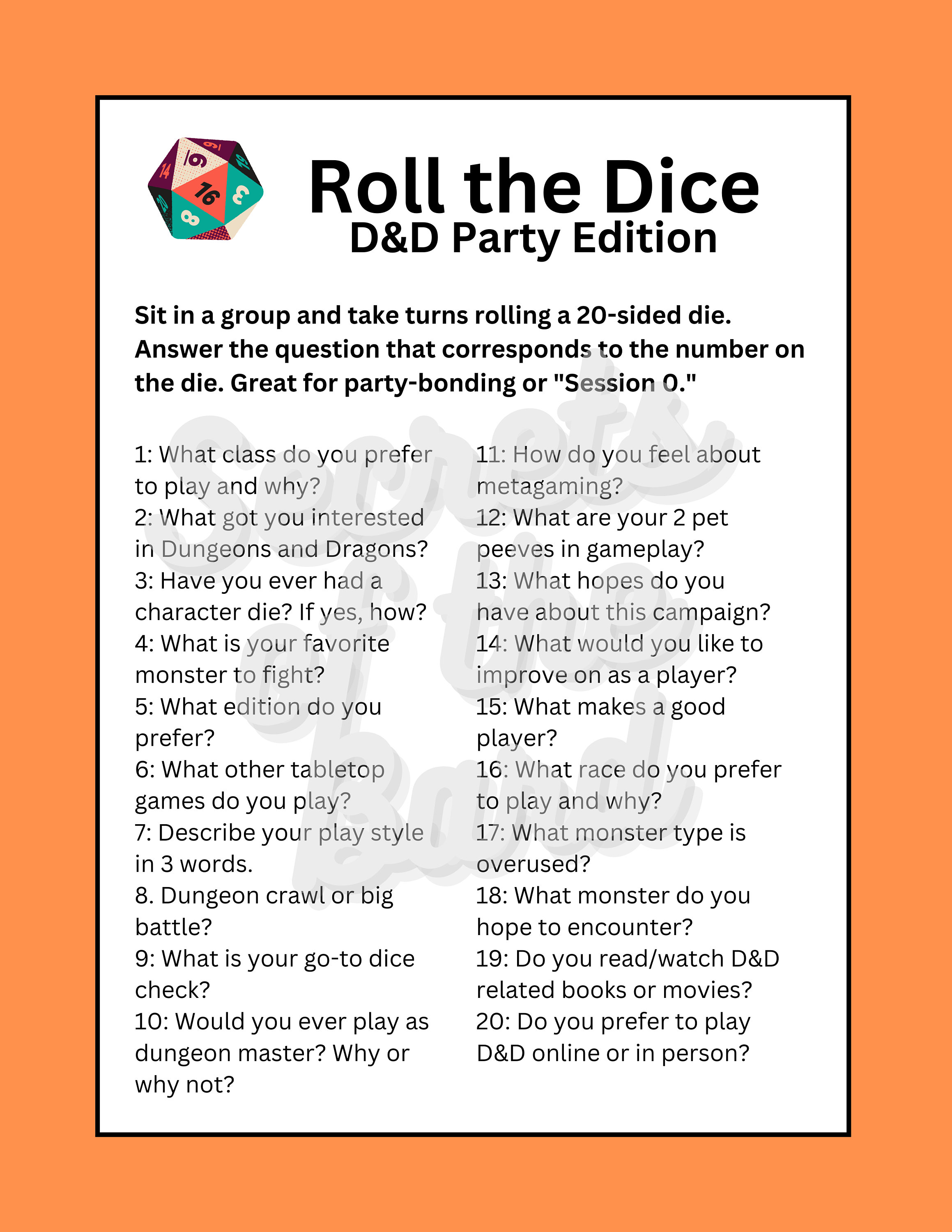 D&D Themed Roll the Dice Icebreaker Game - Etsy