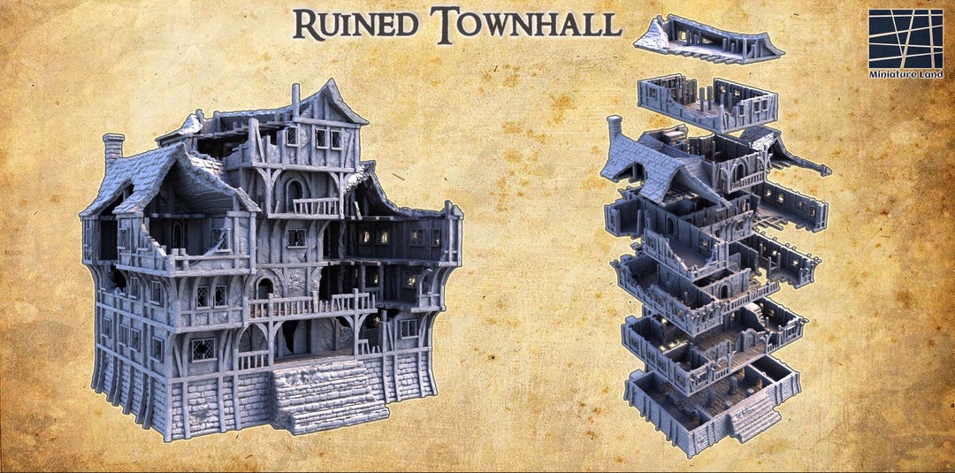 Ruined Townhall | 3D Printed Tabletop Terrain | Multi-level Modular ...