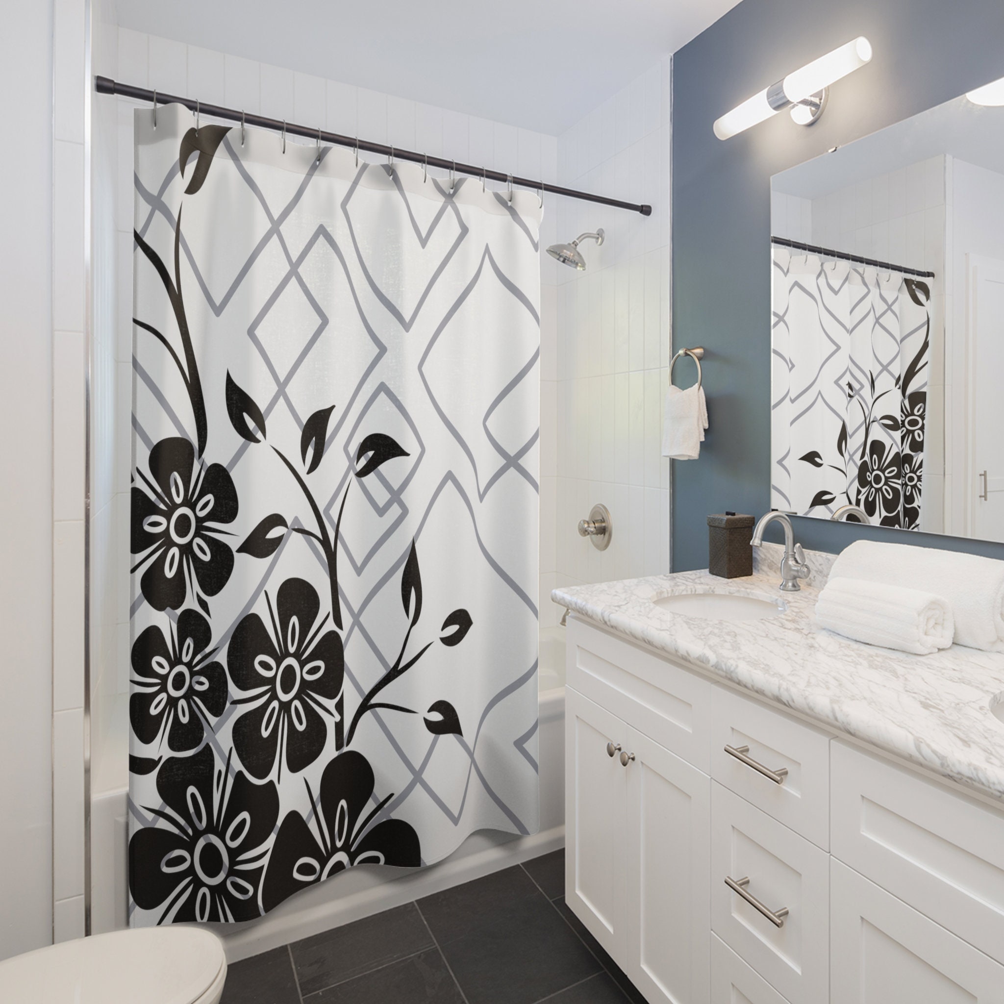 Black White And Gray Wildflower Shower Curtain Modern Bath Decor Floral