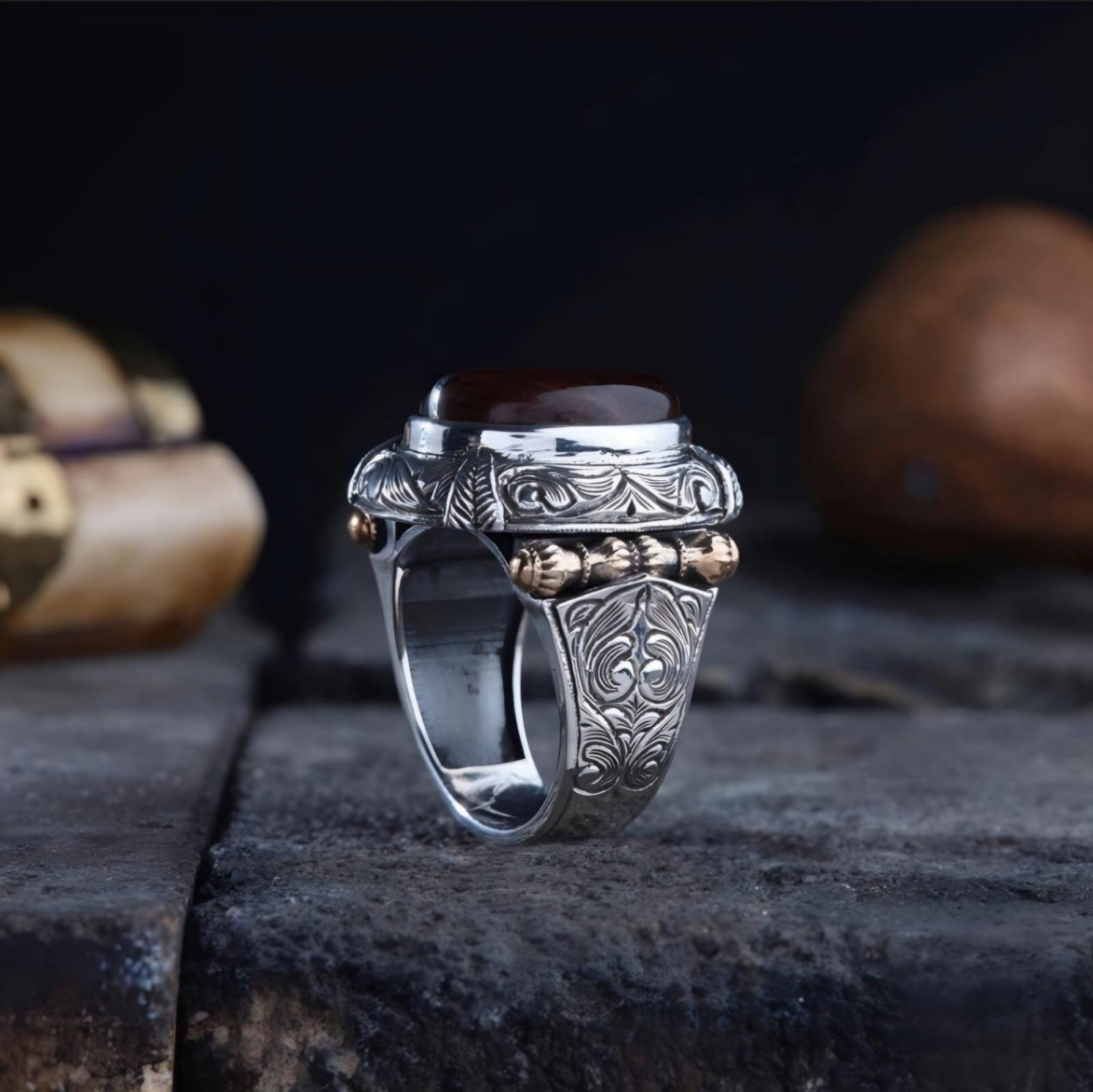 Coca and Oltu Stone Splitting and Pen Processing Silver Men's Ring ...