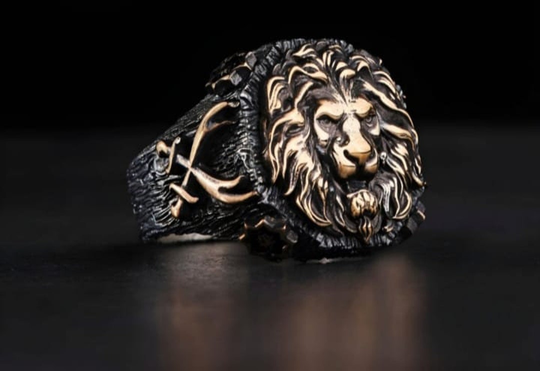 The Lion of Allah Imam Ali Sterling Silver Men's Ring, Double Hazrat ...