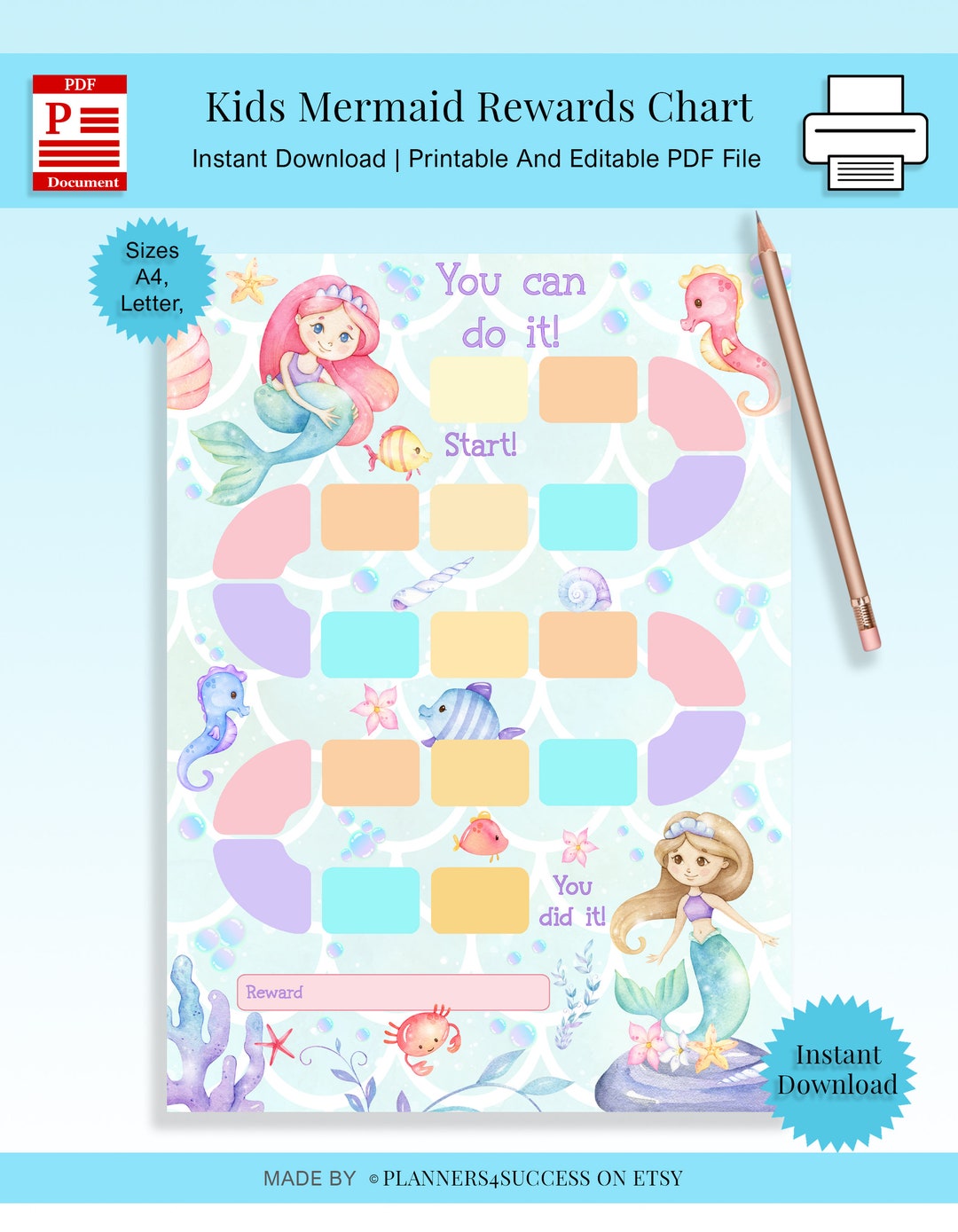 Printable Rewards Chart Mermaid Chart Behaviour Chart - Etsy UK