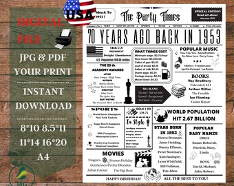 70th Birthday Newspaper Poster Back in 1953 Sign 70th - Etsy