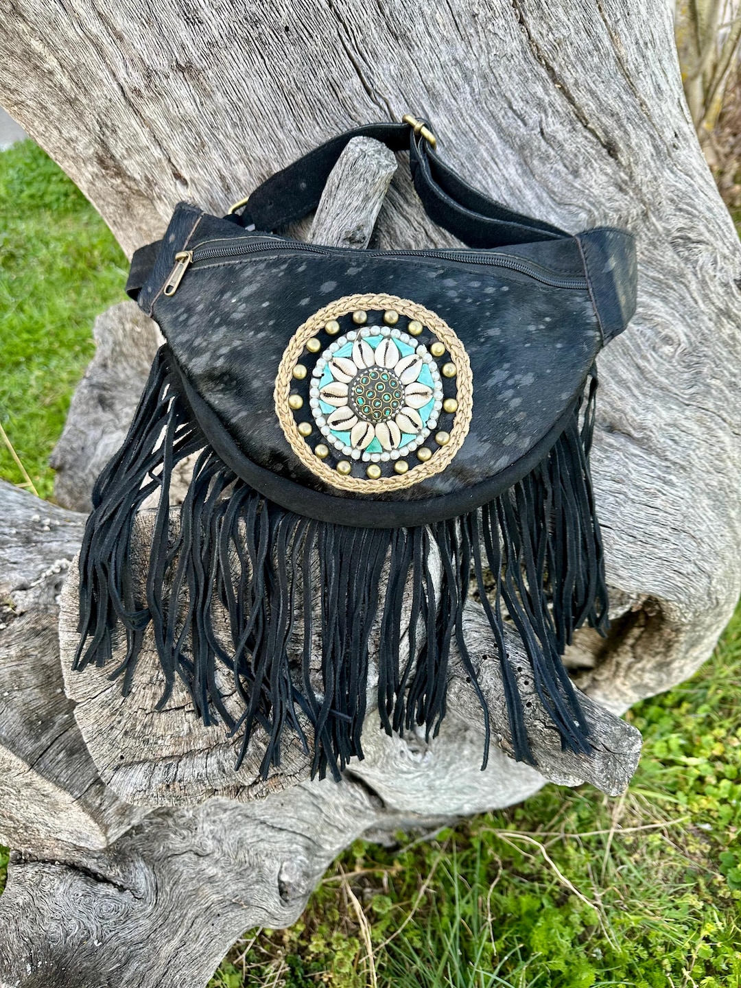 Black Fringe Fanny Pack With Shells and Beaded Accents - Boho Wait Bag ...