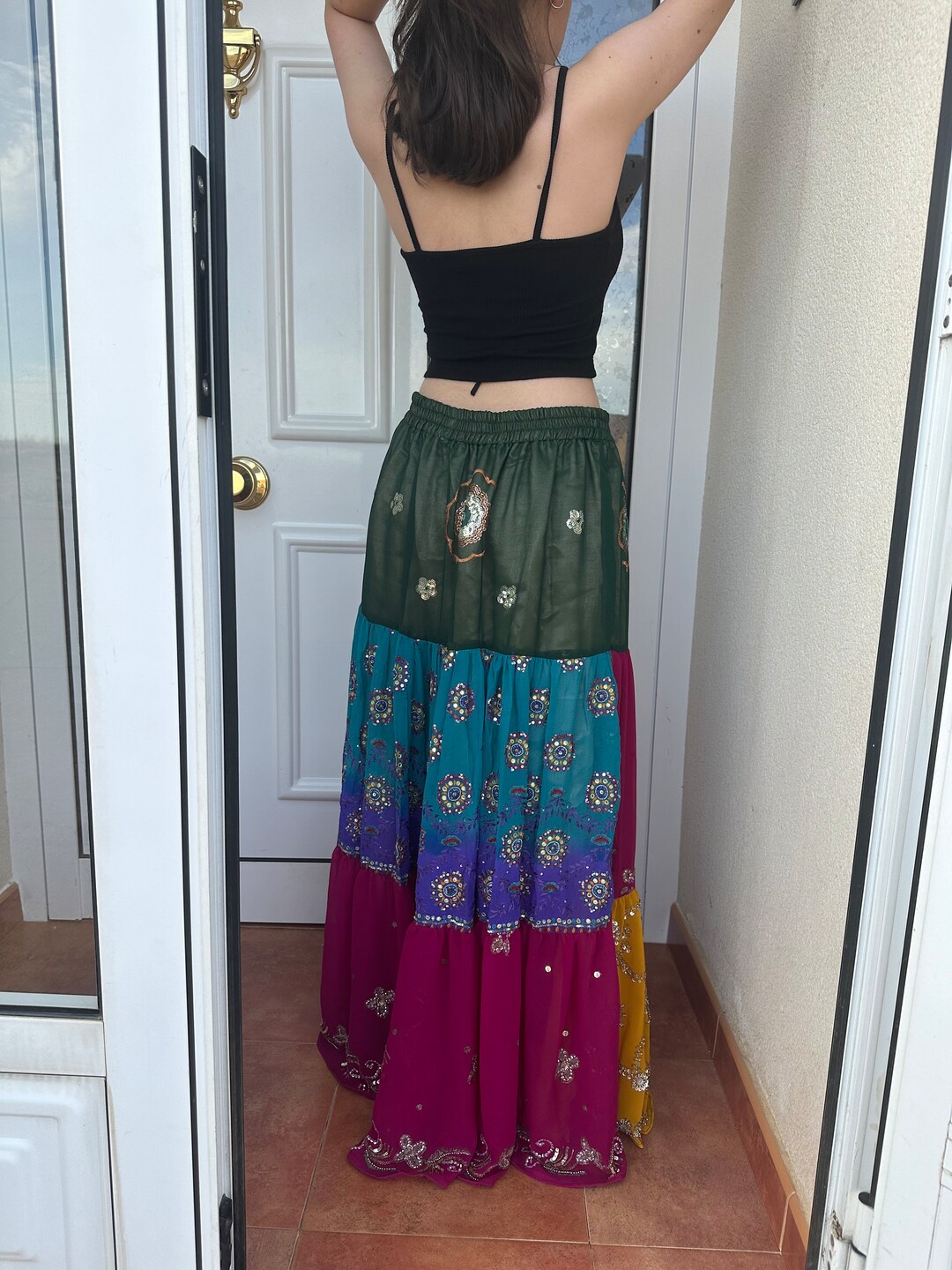 Colorful Gypsy Skirt in Saree Fabric With Hand-embroidered Sequins and Elastic Waist-falda ...
