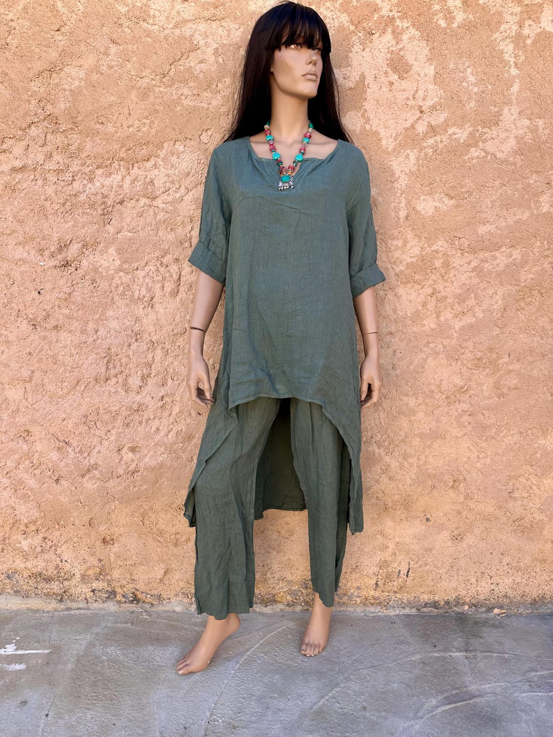 Linen Tunic Set - Olive Green or Fuchsia Pink - Oversized Two-piece ...